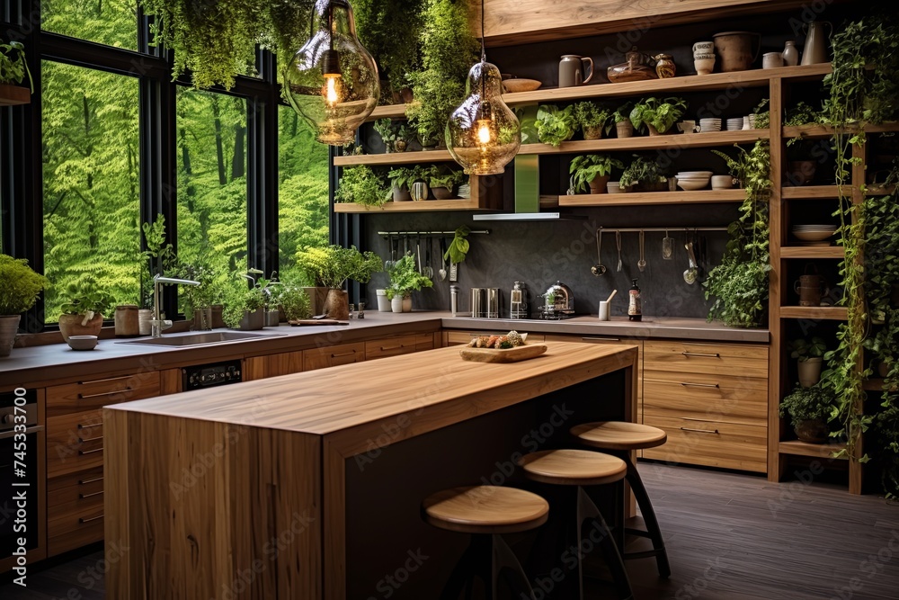 Nature-Inspired Kitchen Design with Wooden Counters and Green Plants ...