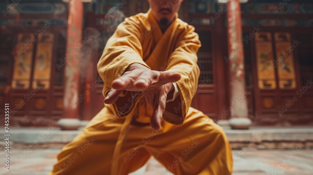 captivating scene of a shaolin warrior monk deeply immersed in kung fu ...