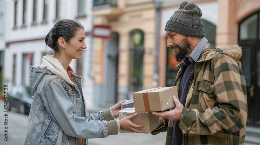 seamless parcel handover process between delivery person and customer ...