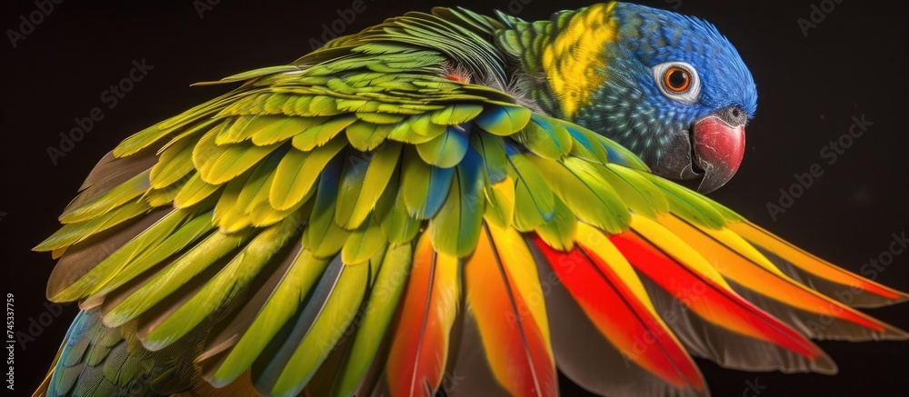 A vibrant blue-headed Pionus parrot is showcasing its colorful plumage ...