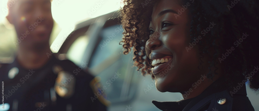 Radiant police officer with a captivating smile in a conversation ...