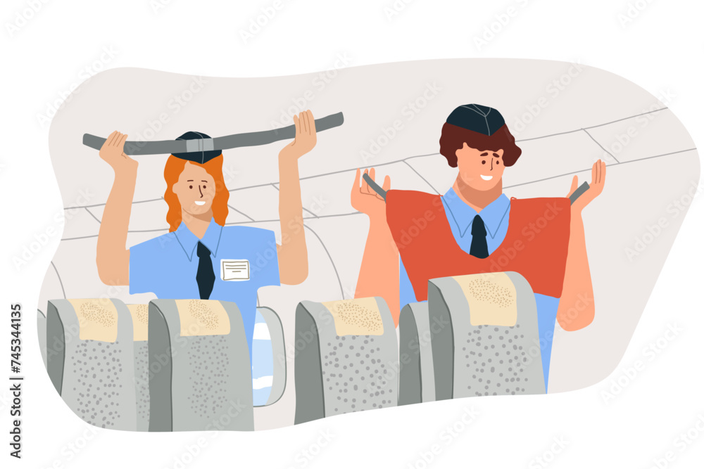 Flat vector illustration steward giving safety briefing in airplane ...
