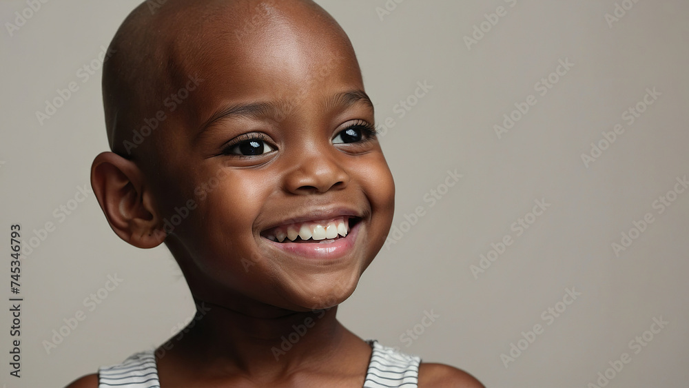 Smiling dark-skinned child without hair who beat cancer. As a symbol of ...