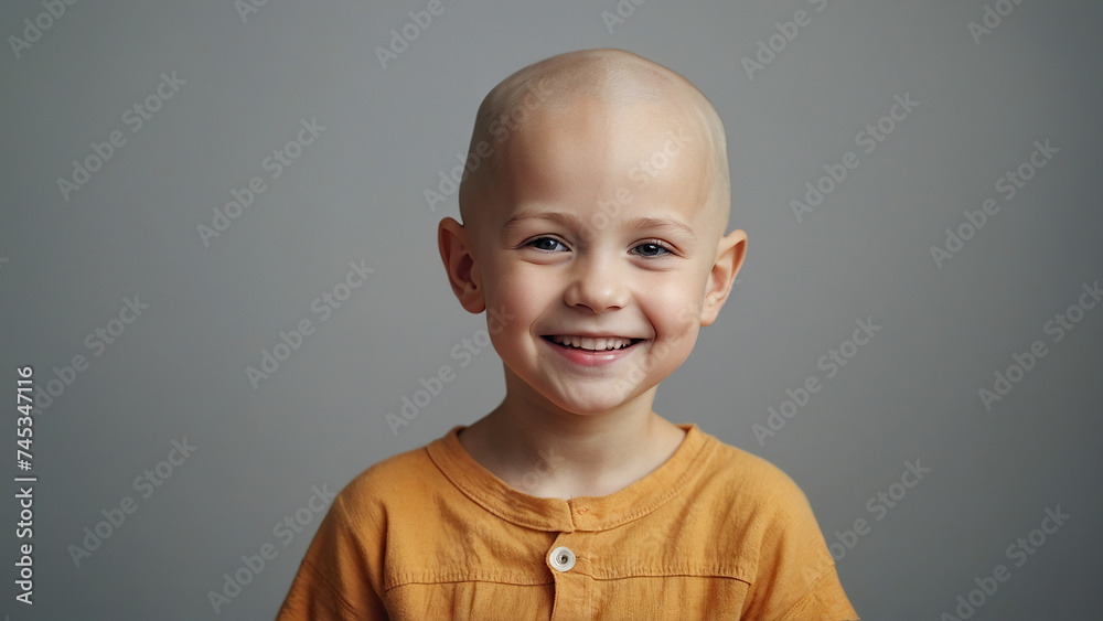 Smiling white child without hair who beat cancer. As a symbol of ...