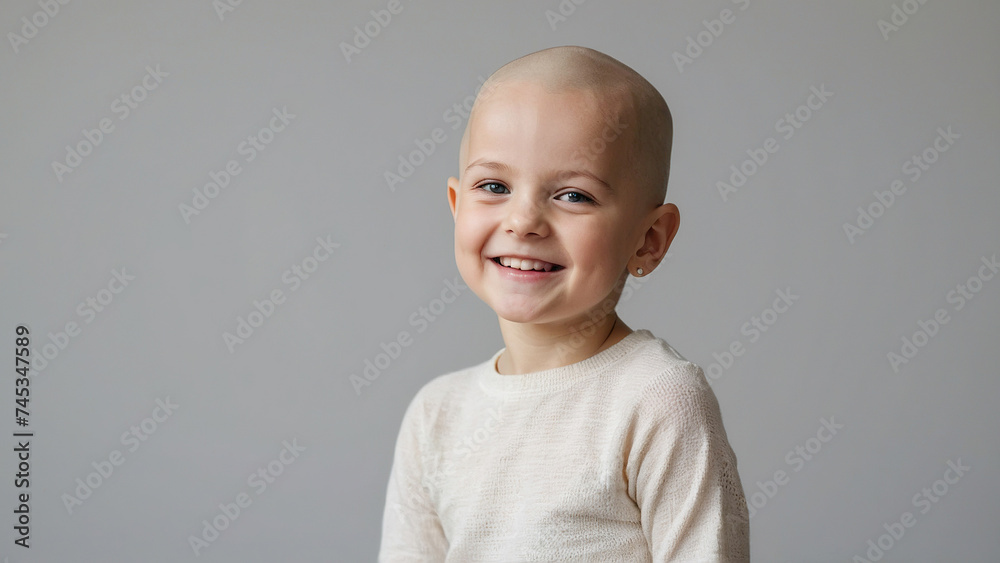 Smiling white child without hair who beat cancer. As a symbol of ...