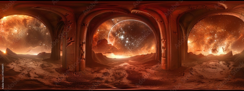 360 degree equirectangular projection space background with nebula and ...
