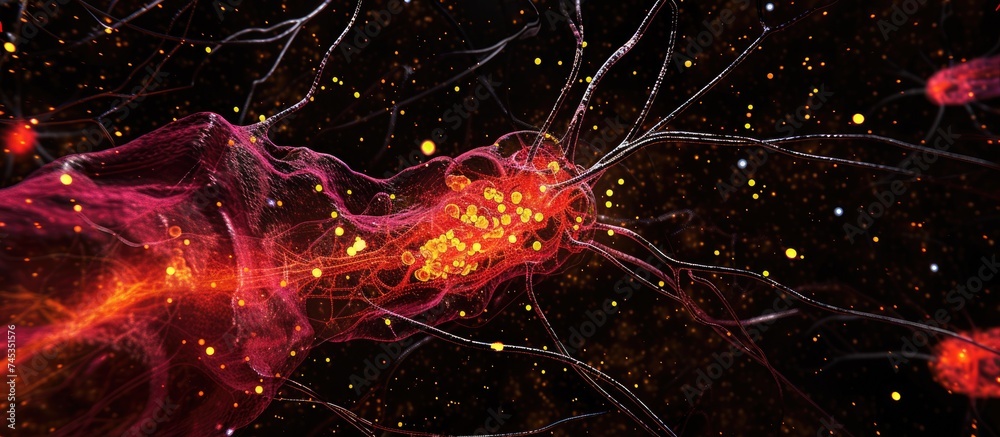 This close-up shot focuses on red and yellow motor neurons in the ...