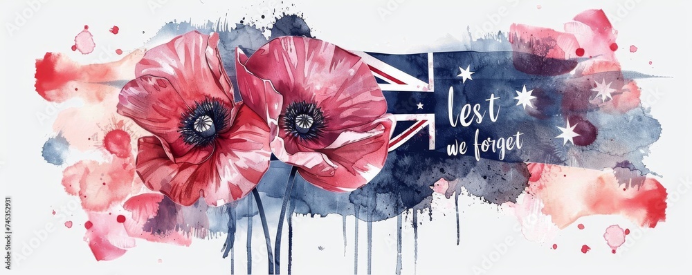 Anzac Day background with grunge watercolor Australia flag and poppy ...
