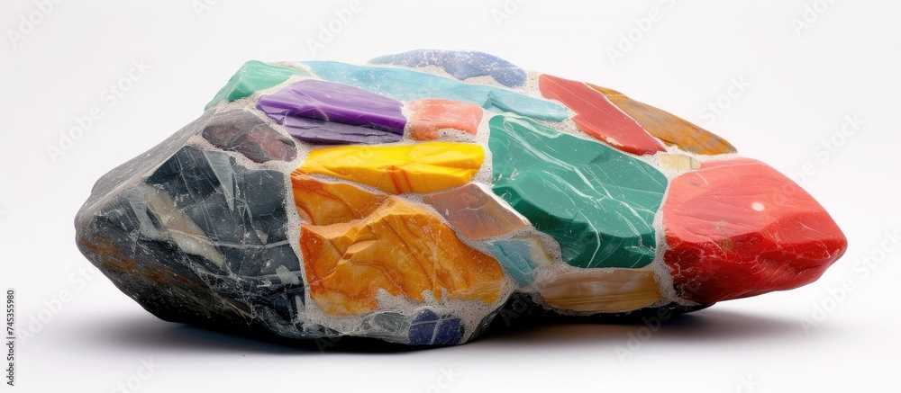 A rock made of multicolored rocks is displayed against a white ...