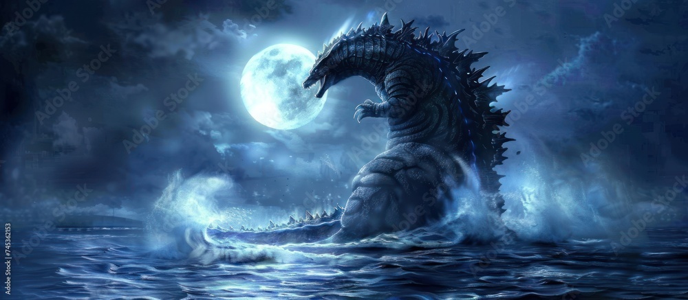 Godzilla rising from the ocean under water and lightning Stock ...