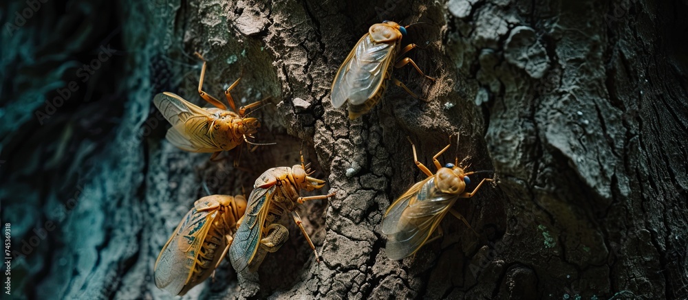 Several cicadas, nocturnal tropical insects, are perched on the highest ...