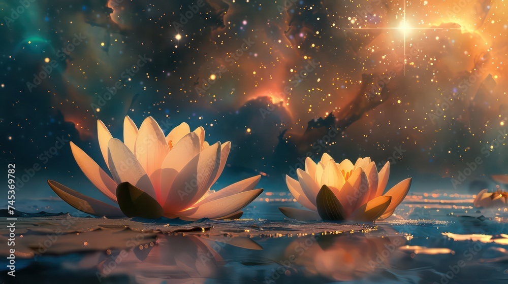 Lotus gold light with pearls floating on a sparkly background. Close-up ...