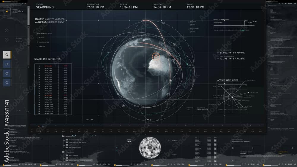 Digital World Map Interface Analysis Via Satellite Network Connection ...