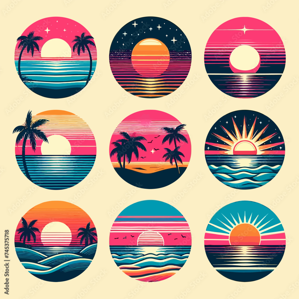 Set of retro sunsets in 80s and 90s style. Abstract sun at beach ...