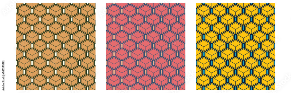Set of seamless isometric patterns of different colors on a white ...