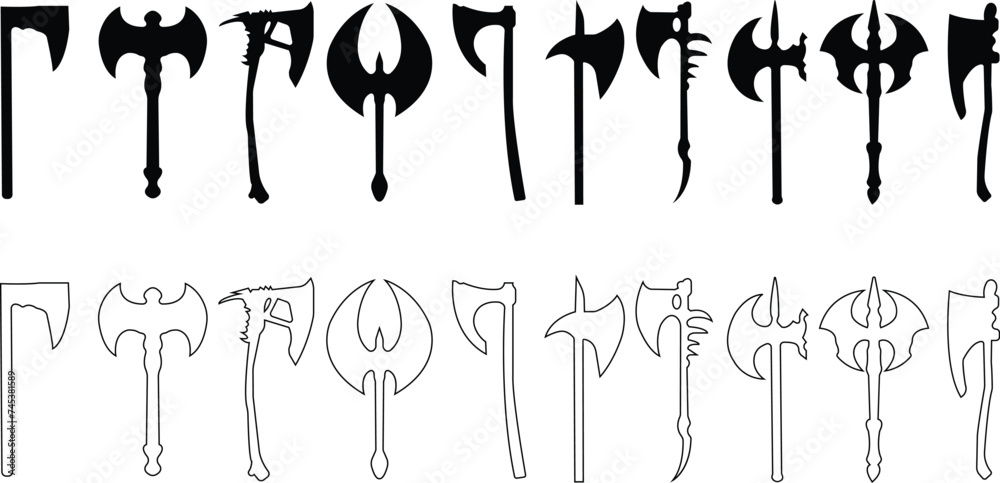 Axe icons set. Outline axe tool flat or line icon collection isolated ...