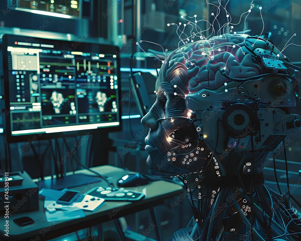 Brain-computer interfaces connecting humans and robotics, in a lab where digital twins simulate ...