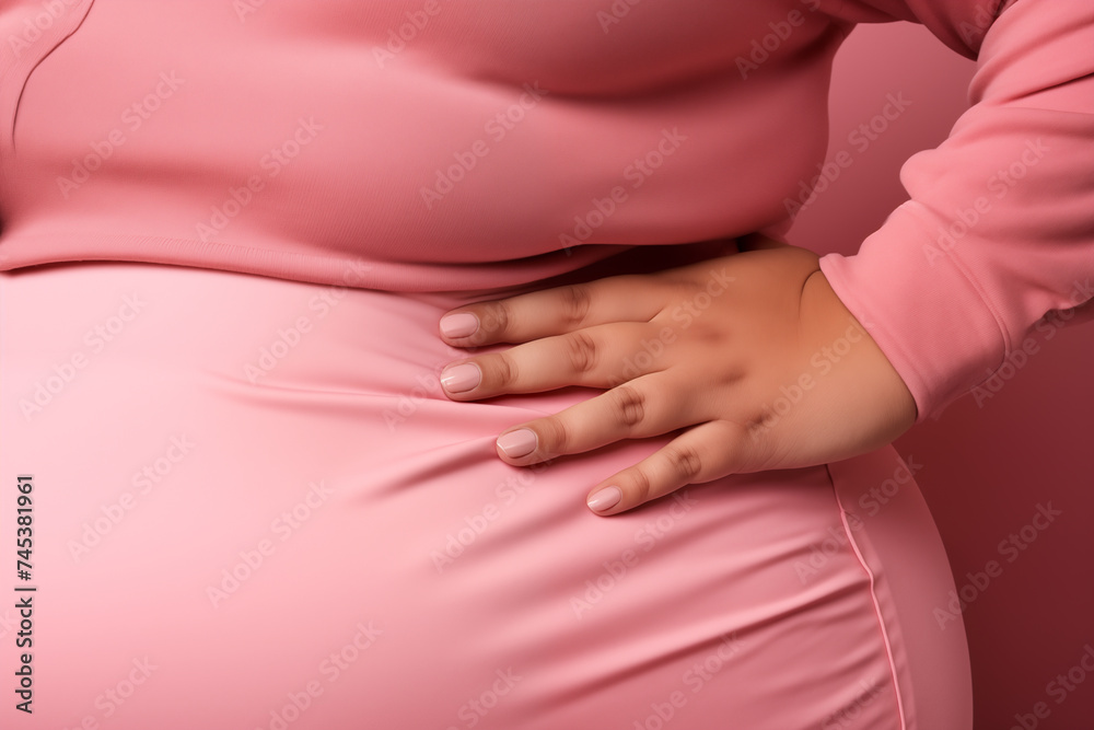 Obese adult woman waist, close up. Morbidly obese, overweight person ...