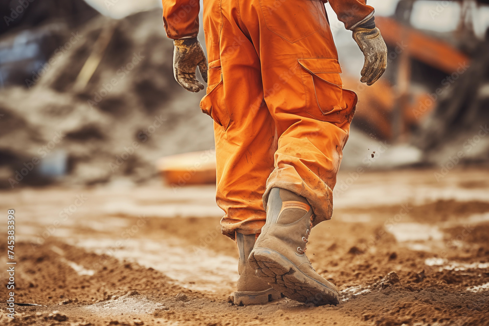 Worker's legs in orange safety coveralls and sturdy boots, active on a ...