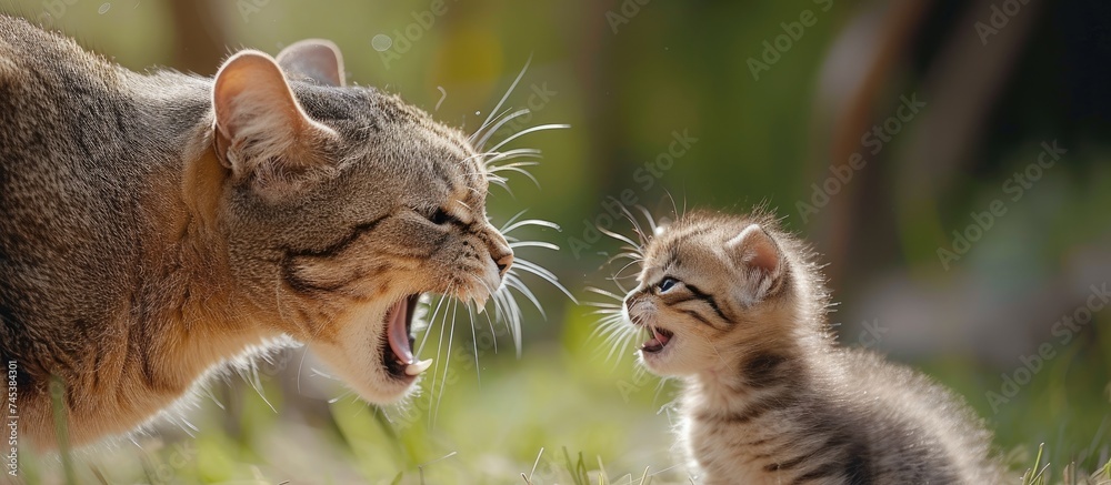 A cat is scolding a tiny kitten with a hiss while they are playing ...
