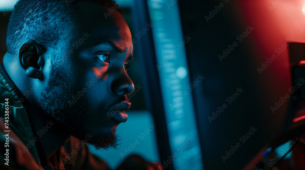 side profile portrait of a black person in a tech AI career looking at ...