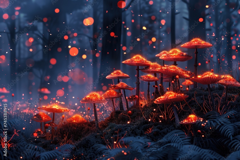 Bright red mushrooms spreading across the ground in tiny colonies, like ...