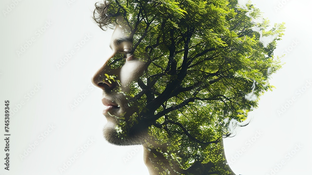 Double exposure combines a male face and a branching tree with green ...
