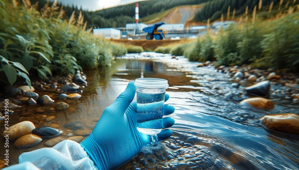 Collecting a water sample for testing. Pollution from affluent ...