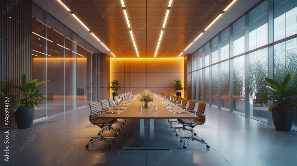 A well-lit and sophisticated conference room with a long table, chairs ...
