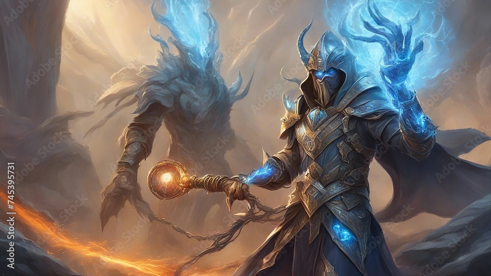 fantasy warrior with sword A sorcerer who has cast a spell with his ...