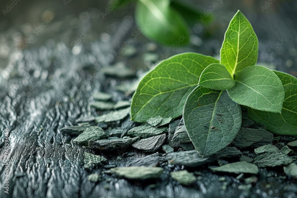 Detailed view of dried yerba mate leaves scattered on a dark textured ...