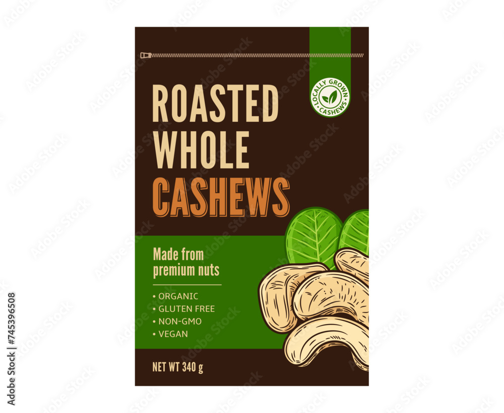 Cashew nuts packaging design template. Vector cashew nuts illustration ...