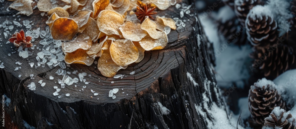 A collection of potato chips is stacked on top of a weathered tree ...