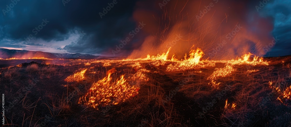 A field is ablaze with intense flames under the cover of darkness ...