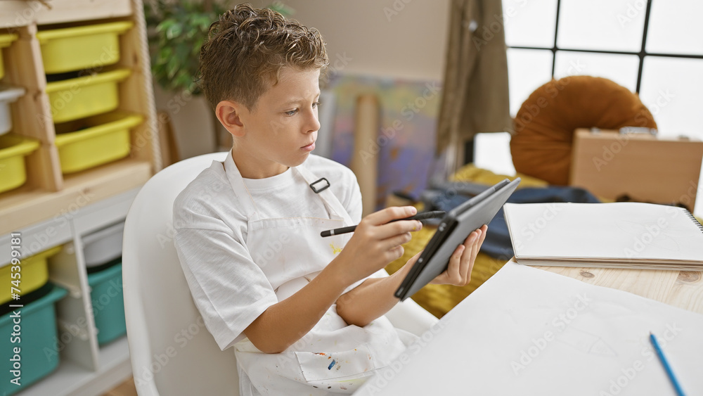 Adorable artist child, blond boy, serious yet relaxed, concentrating as ...