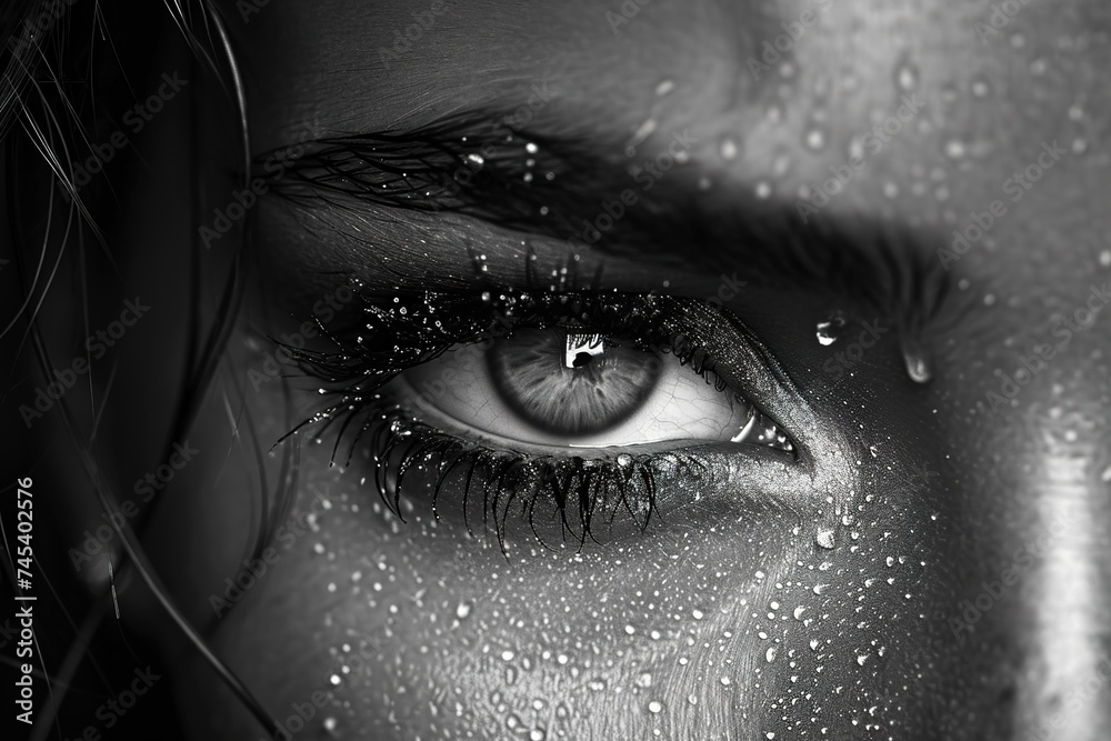 Tears on eyes. Open expressive look eyes with teardrop on the eyelashes ...
