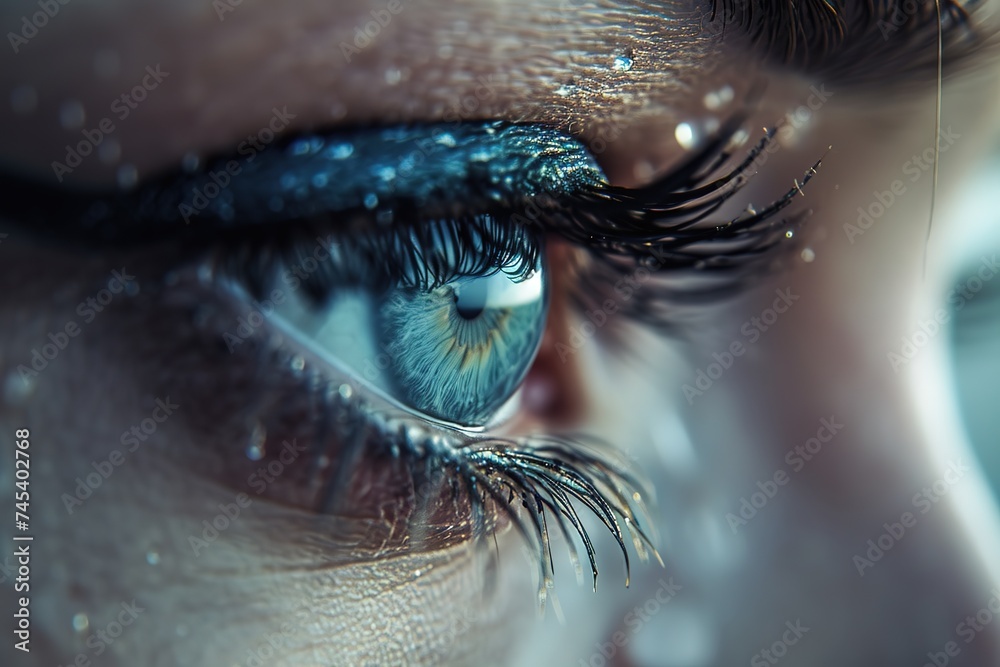 Sad woman concept - closed eyelid closeup with a teardrop on eyelashes ...