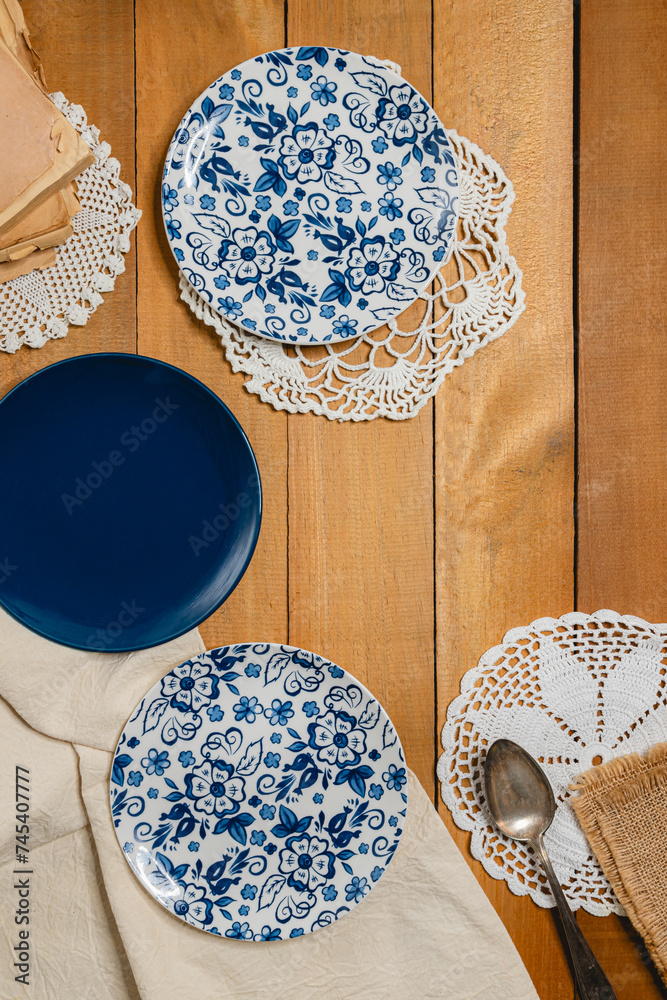 flatlay vintage classic table setting with empty round plates mockup ...