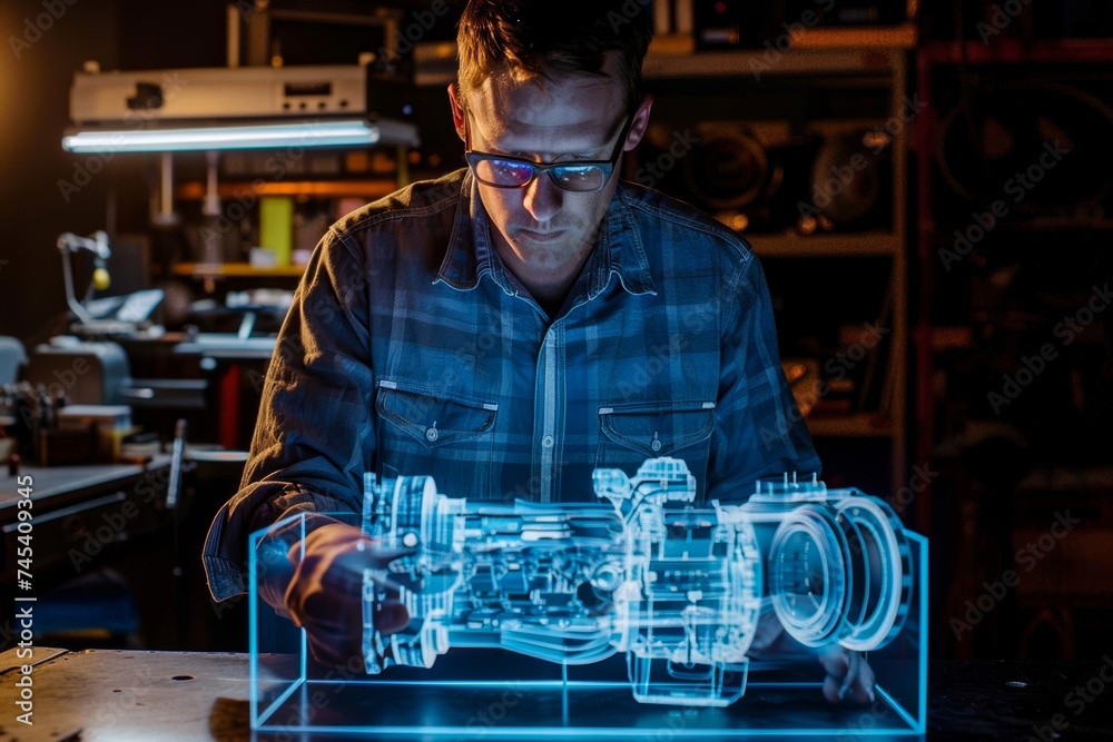 Detailed projection of an engine designed by an engineer with glowing ...