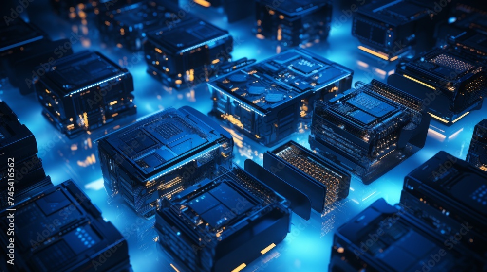 Generative AI A top-down view of a networked cluster of servers and ...