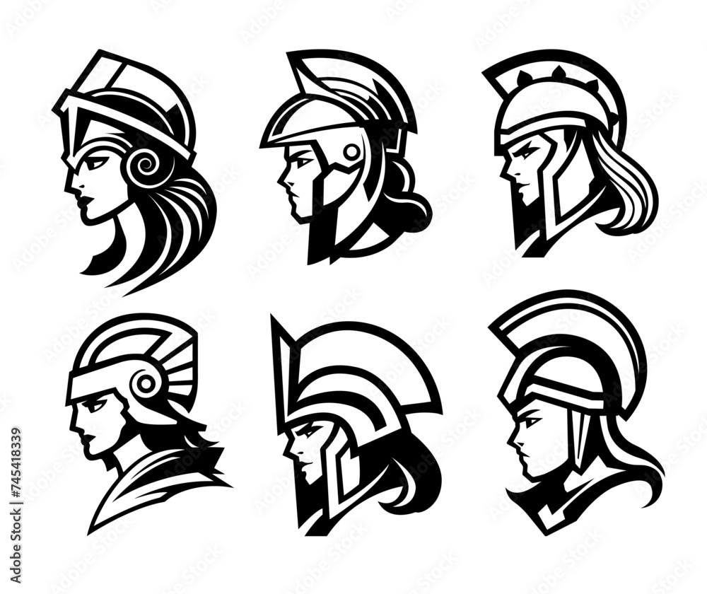 A collection of vector logos of spartan women with helmets, minerva ...