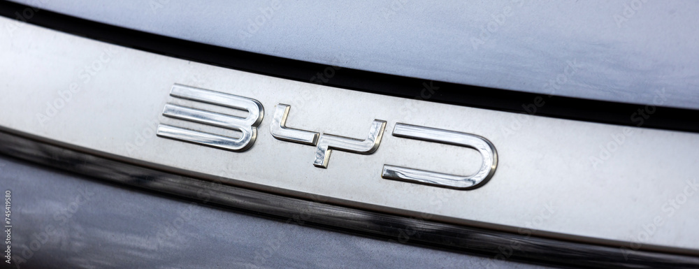 dusseldorf, nrw, germany - 15 02 2024: a sign of a modern byd car as ...