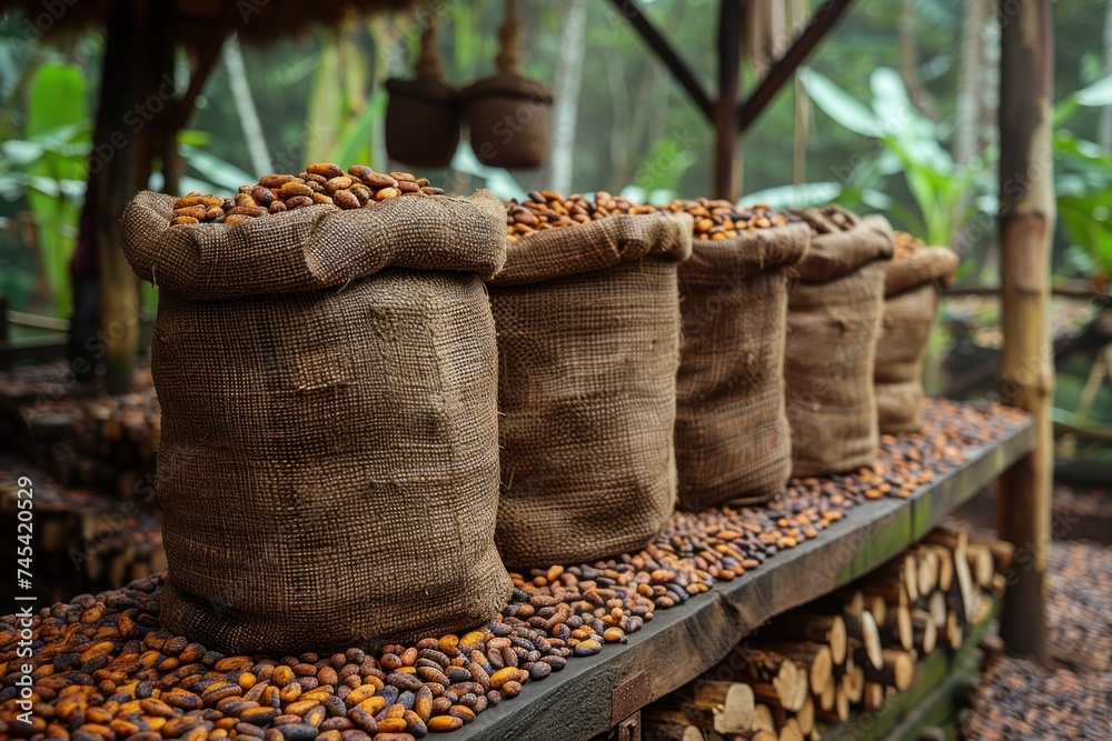 Sacks filled with cocoa beans on display, showcasing the raw ingredient ...