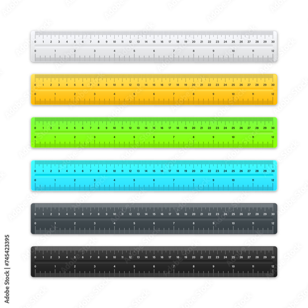 Realistic various plastic rulers with measurement scale and divisions ...