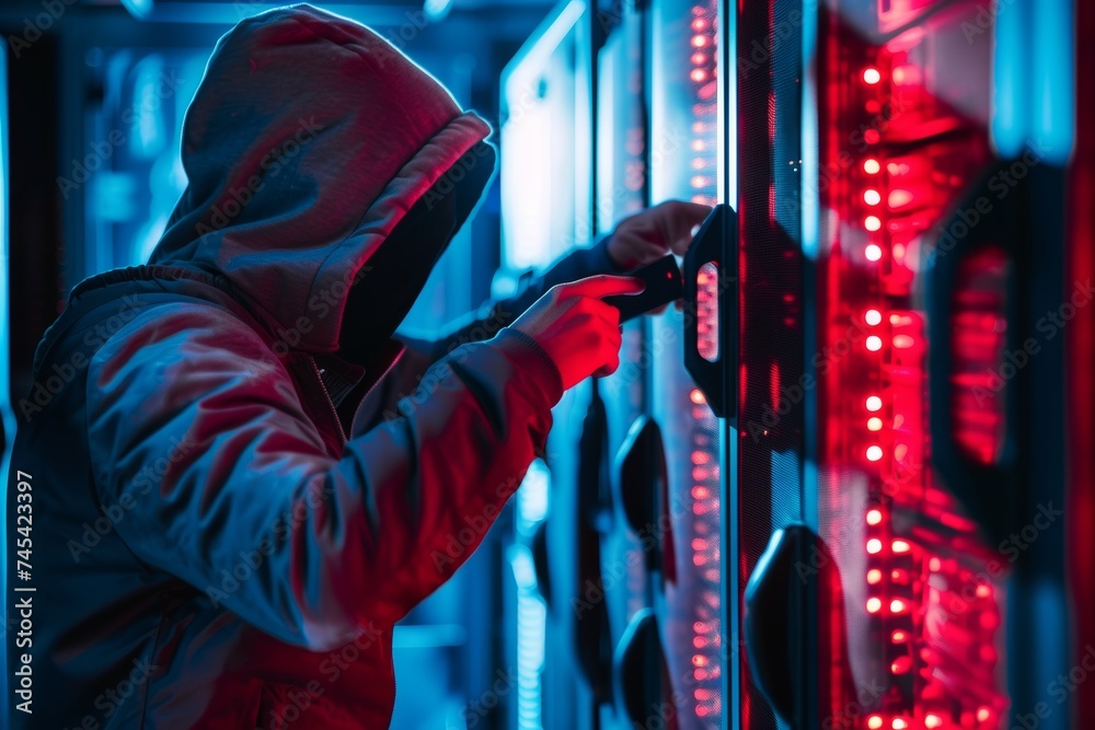 Intruder Detected: Hacker Hacking and Stealing Data in Data Center Stock Illustration | Adobe Stock
