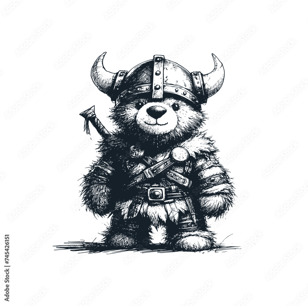 Teddy Bear wearing viking costume. Black white vector illustration ...