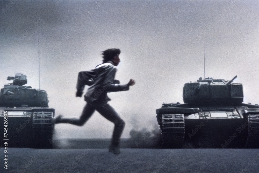 Freedom against military tanks Blurry figure running, military tanks ...