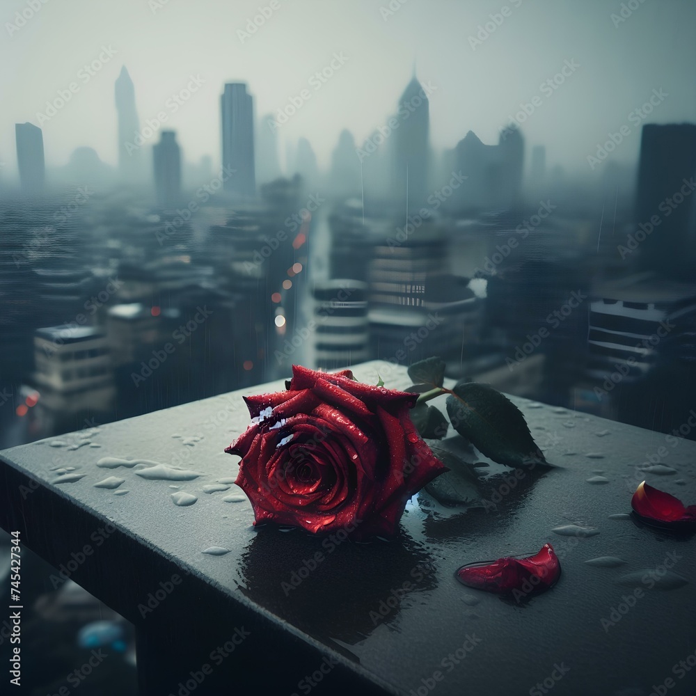 A crumpled rose, abandoned and forlorn, lies atop a tall building ...