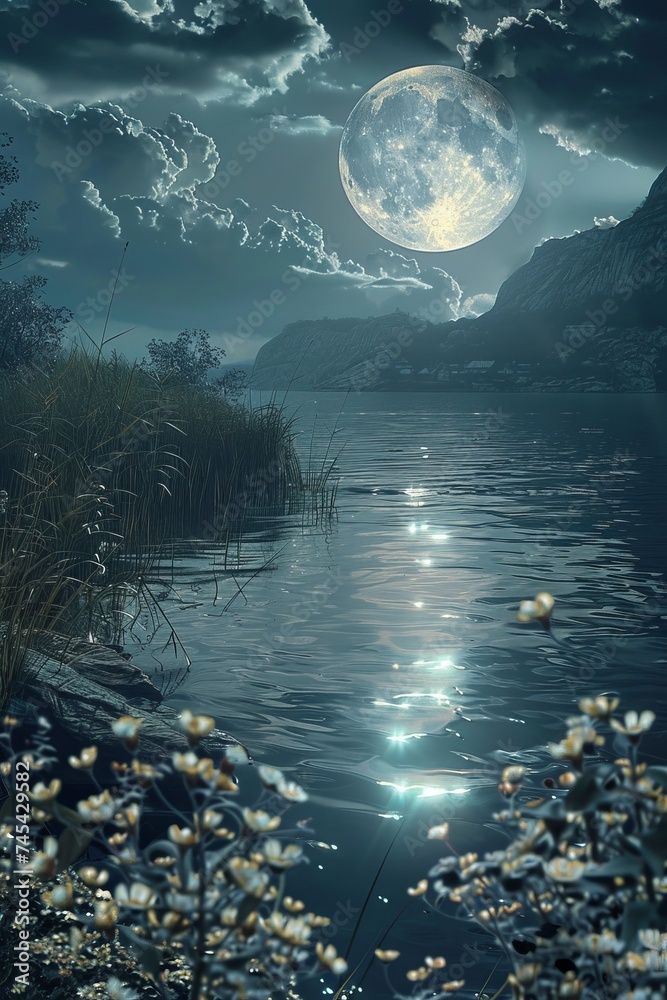 The full moon hangs in the night sky, casting its glow over a serene ...