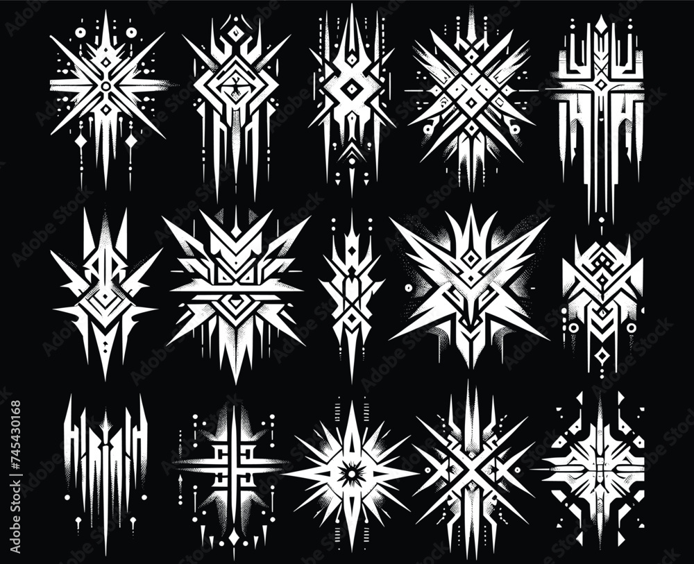 Cyber Sigilism Tattoo Shapes, abstract Neo-Tribal elements with sharp ...